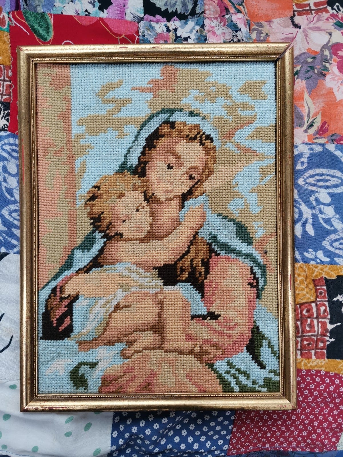 Jomfru Maria og Jesus. Broderet vintage billede, Guddommeligt design ...