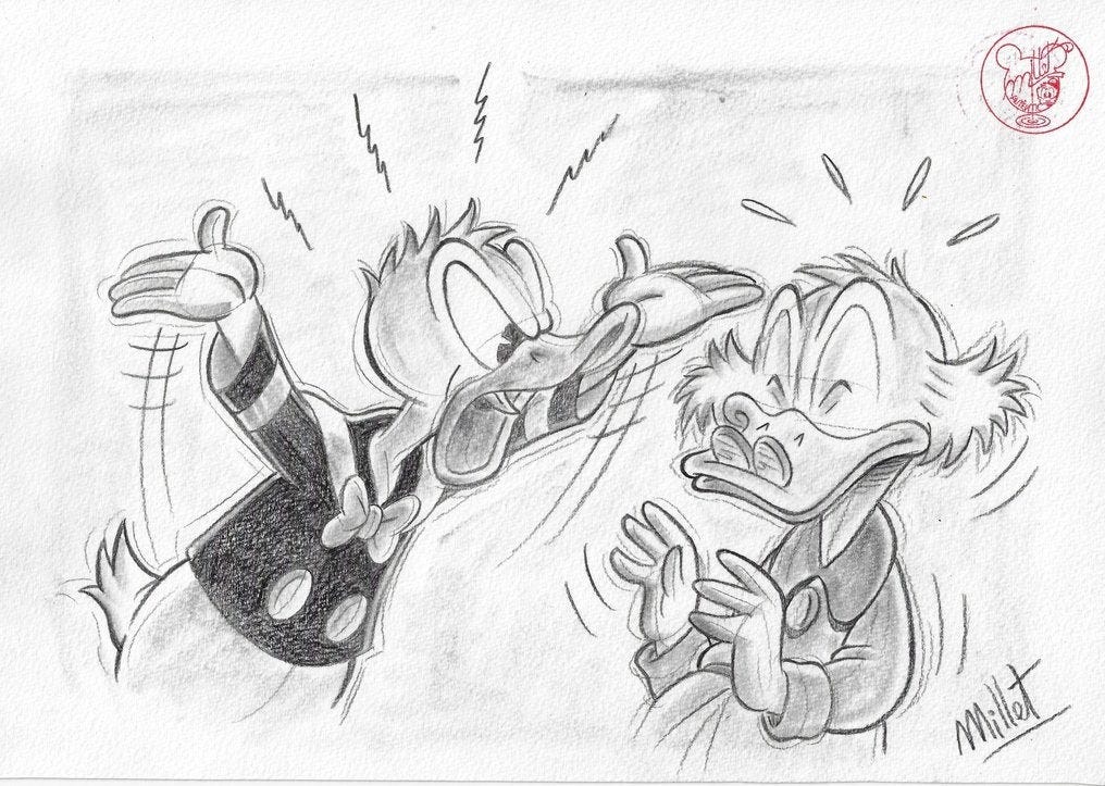 Disney original tegning. Håndsigneret, Millet, motiv: Anders And og ...