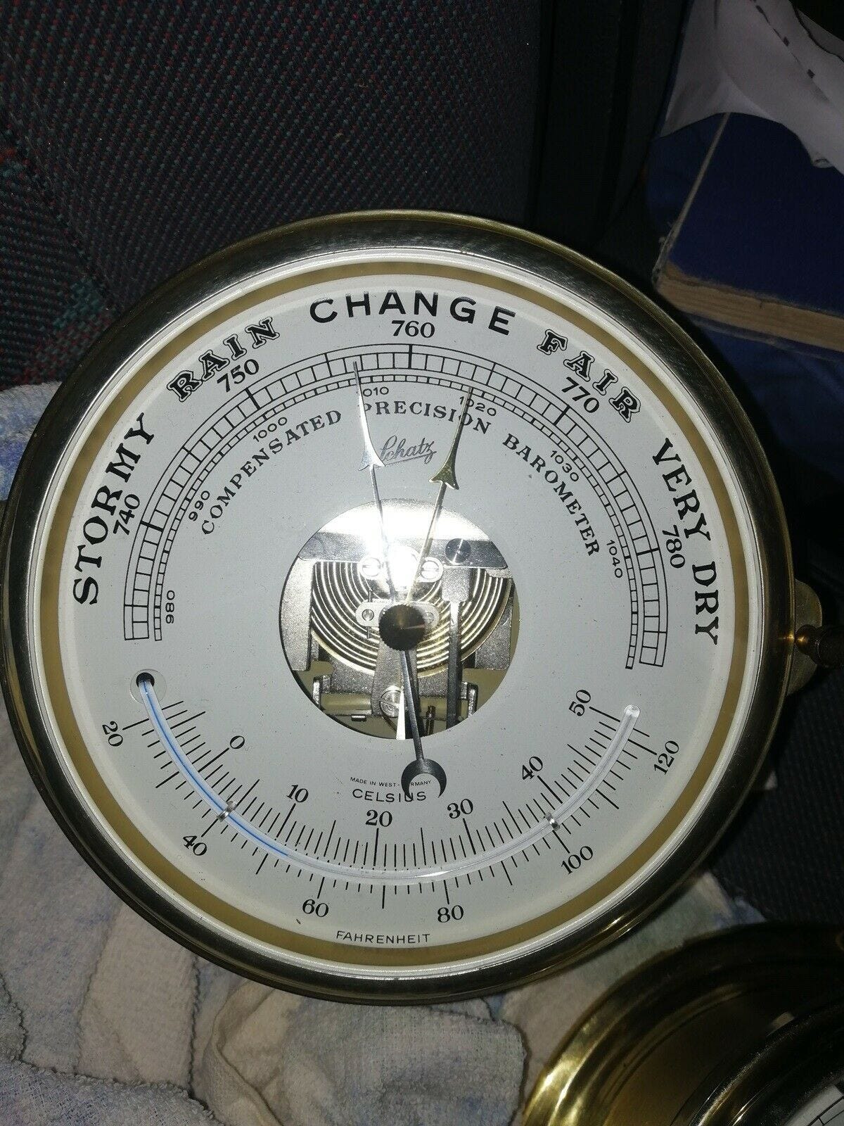 Schatz, barometer med termometer & skibs ur kan slå glas, mekanisk ...