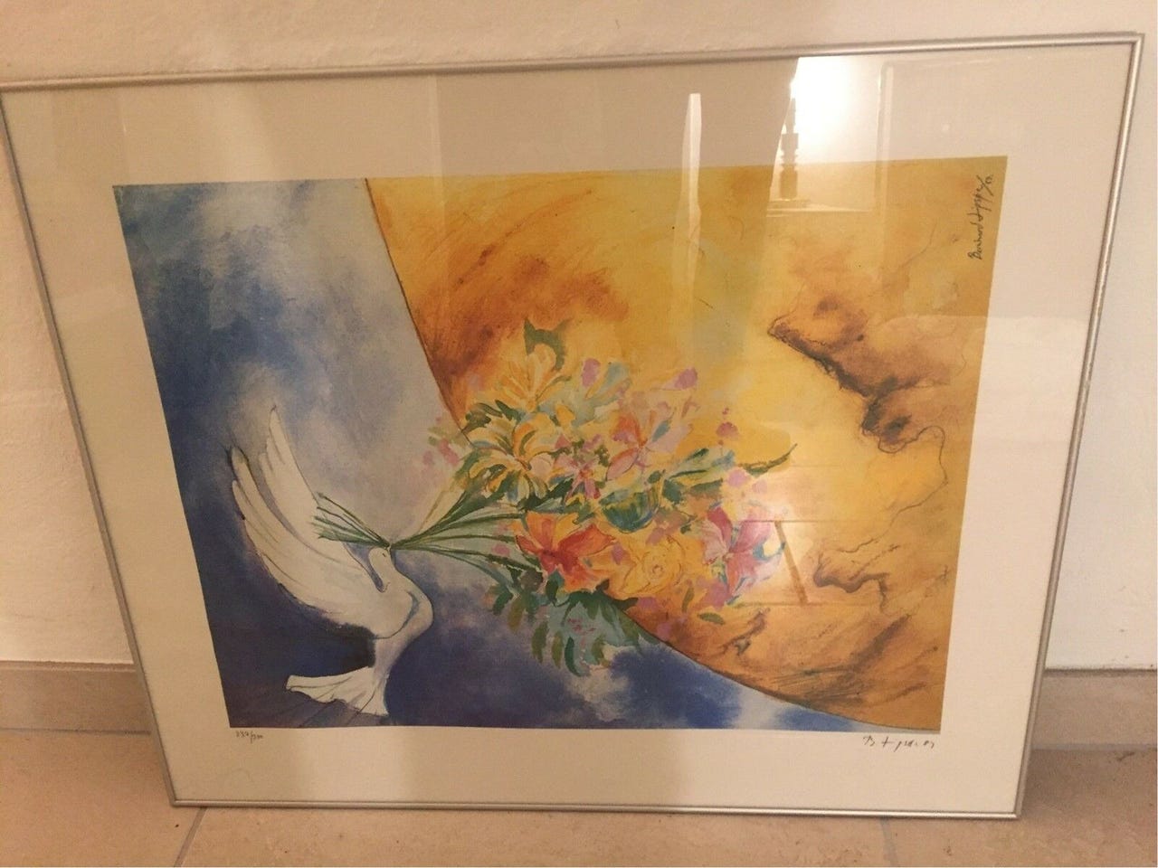 Plakat, Bernhard Lipsøe, motiv: Hvid due med blomster | DBA