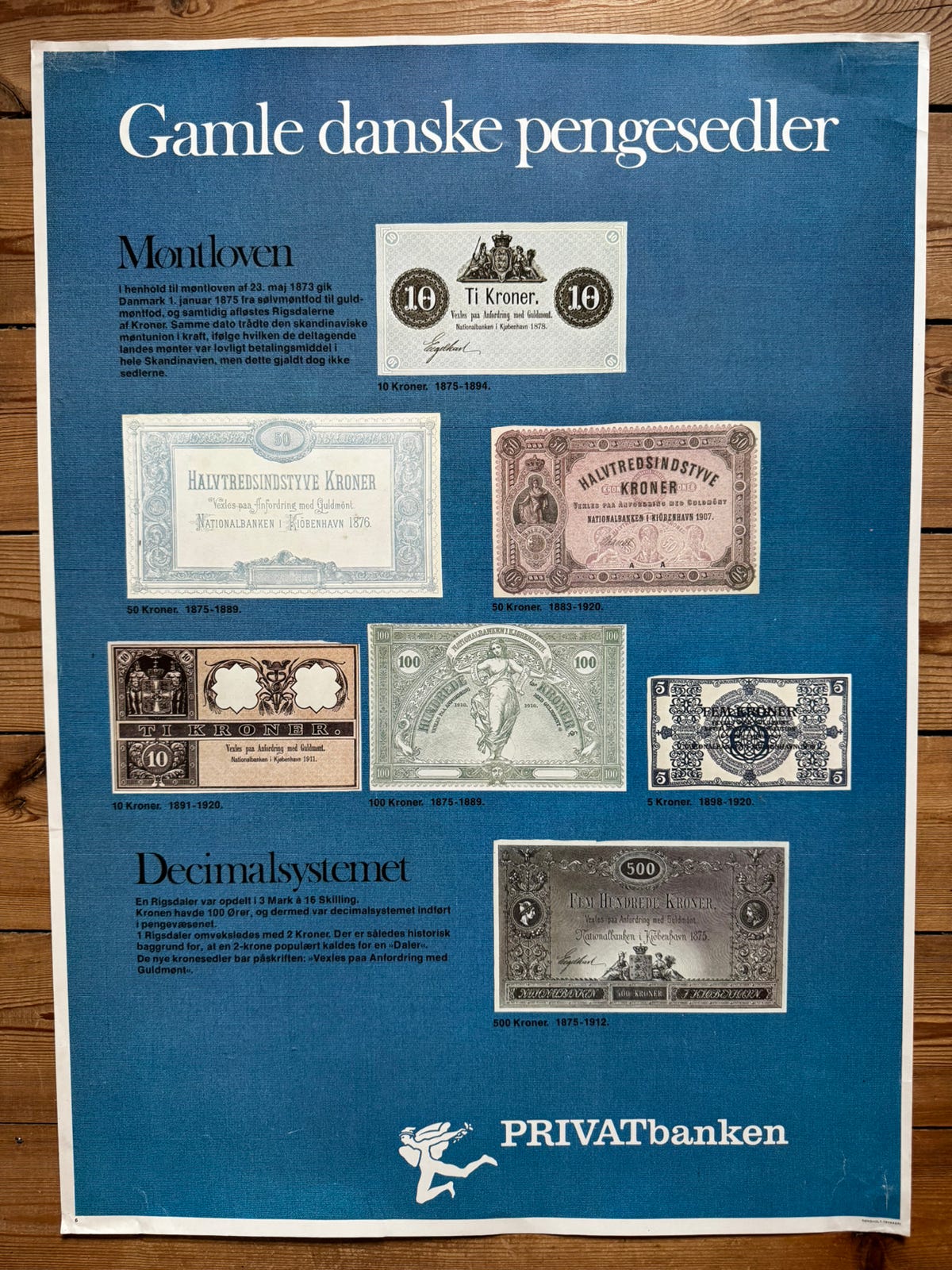 💷💰Gamle danske pengesedler - PRIVATbanken - Plakat fra 1980'erne | DBA