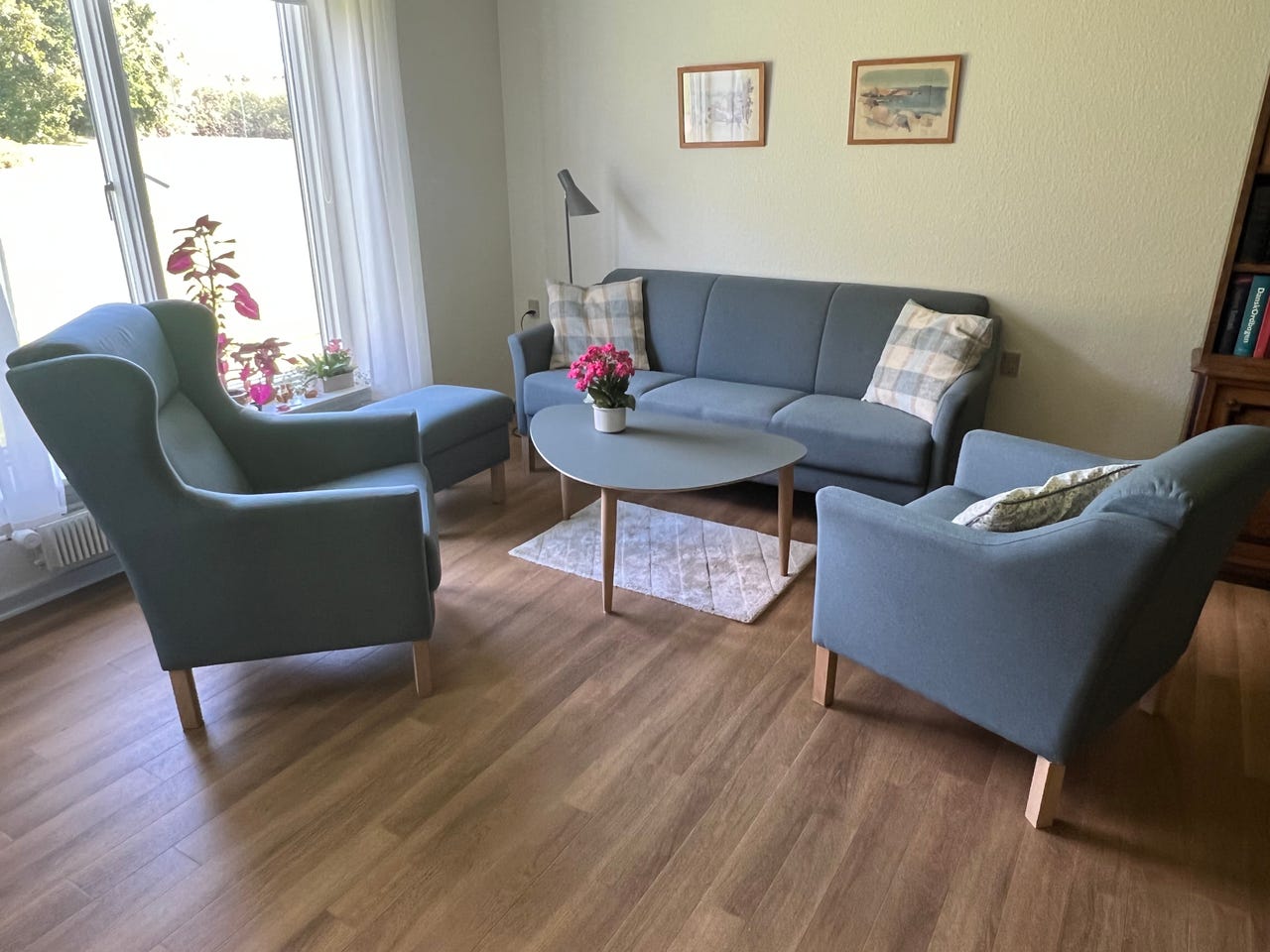 Skalma sofagruppe, uld, 3 pers. sofa, 2 lænestole, sofabord, fodskammel/puf | DBA