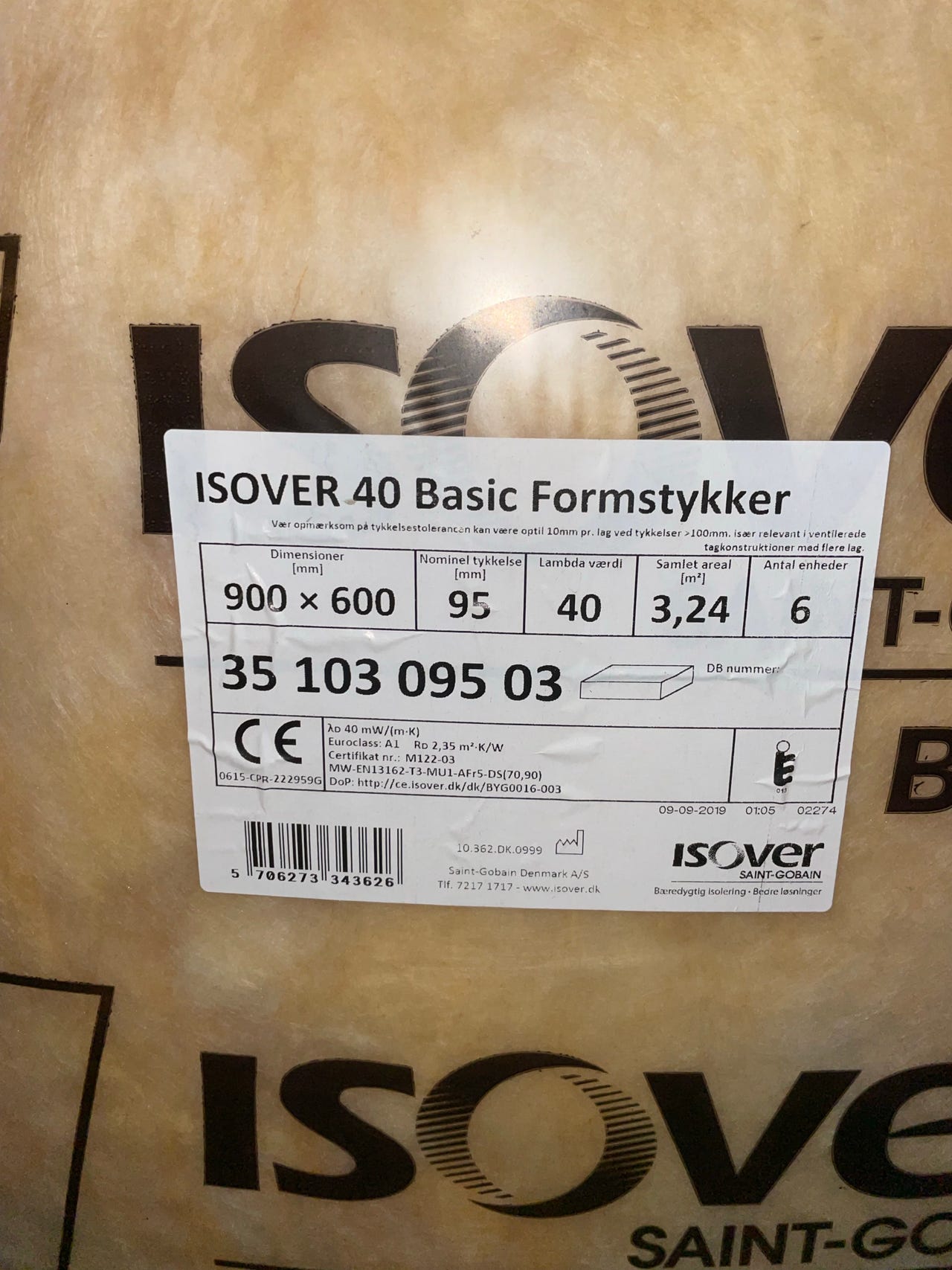 10 X ISOVER 40 Basic Formstykker Isoleringsplader 900x600 mm 95 mm ...