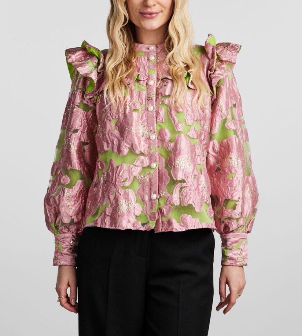 Smuk skjorte i grøn/lyserød med gulddetaljer str S fra YAS | DBA