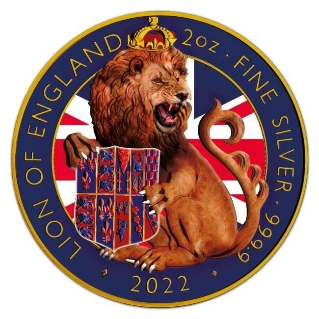 Storbritannien. 5 Pounds 2022 2 oz Tudor Beasts Series Lion of England ...