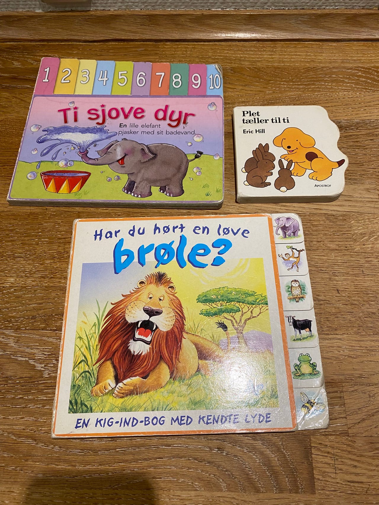 Børnebøger, ti sjove dyr, plet tæller til ti, har du hørt en løbe brøle ...