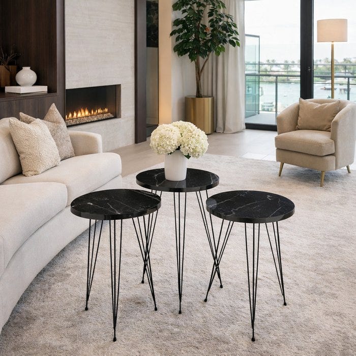 Set Side Tables - Marble look - Lampebord (3) - Metal & Resin | DBA