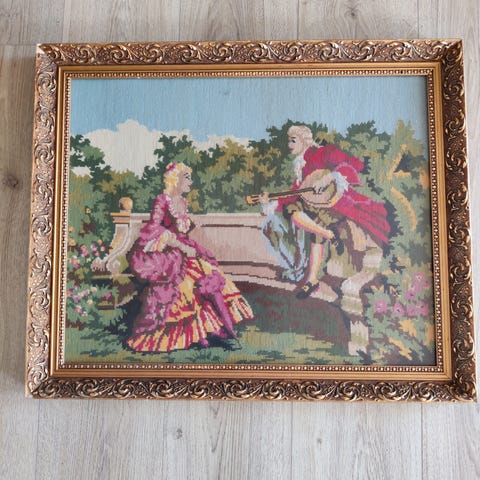 Retro broderi i glas og ramme med to fugle på en gren | DBA