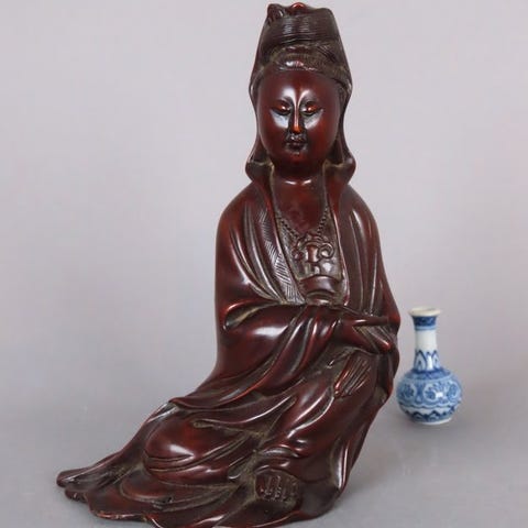 A SUPERB SILVER-PLATED BRONZE/BRASS FIGURE OF GUANYIN OF THE WATER AND ...