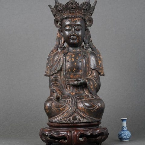 A SUPERB SILVER-PLATED BRONZE/BRASS FIGURE OF GUANYIN OF THE WATER AND ...