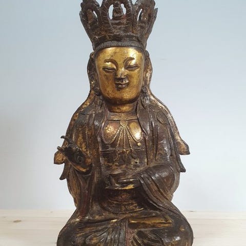 A SUPERB SILVER-PLATED BRONZE/BRASS FIGURE OF GUANYIN OF THE WATER AND ...